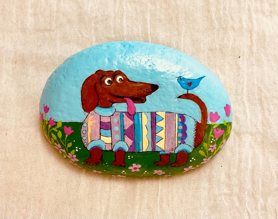 Painted Dog Rock, Dachshund With Bird, Weiner Dog Stone, Doxie Hot Dog ...