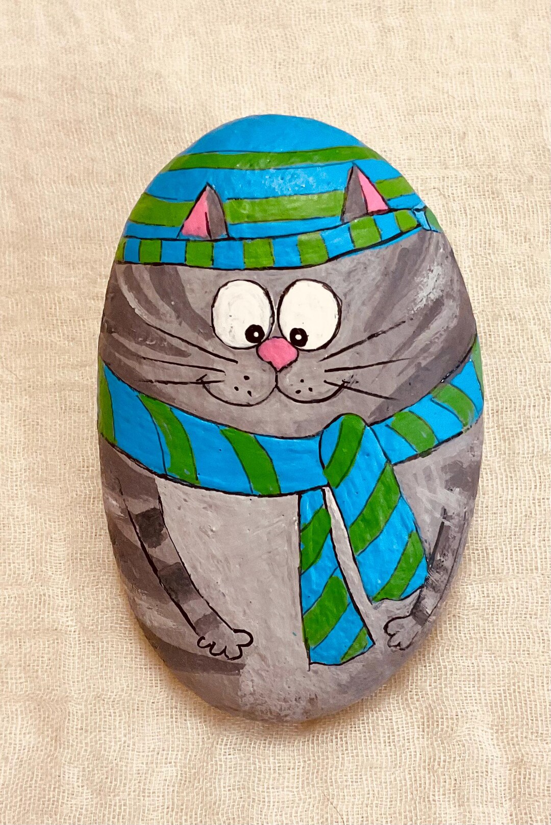 Painted Cat Rock, Tabby Stone Painting, Sealed Garden Art, Paperweight ...
