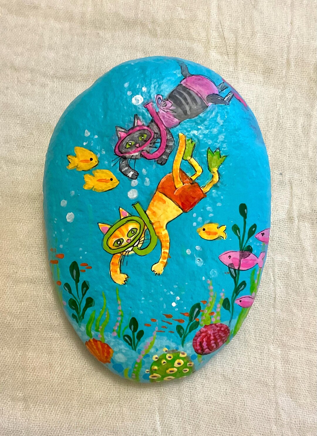 Painted Snorkeling Cat Rock, Scuba Diver Kitty Stone, Funny Underwater ...