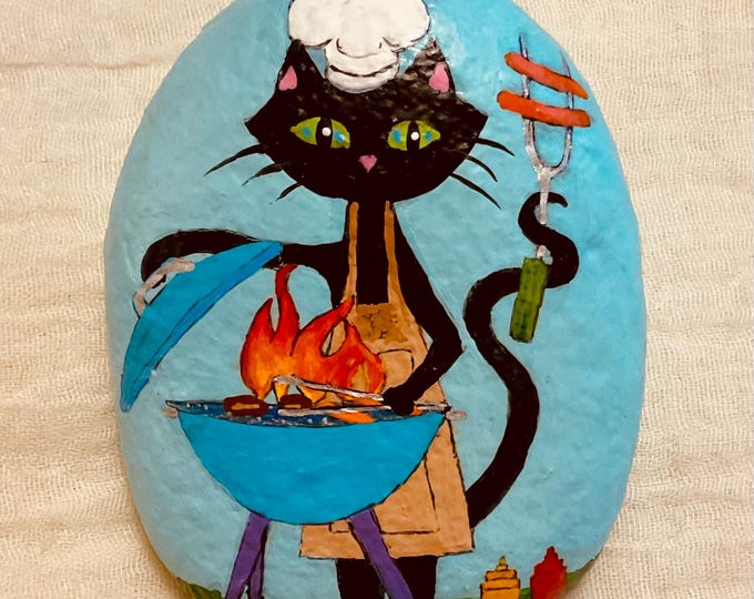 Painted Cat Rock, Cookout Stone Painting, Hotdogs on the Grill, Retro ...