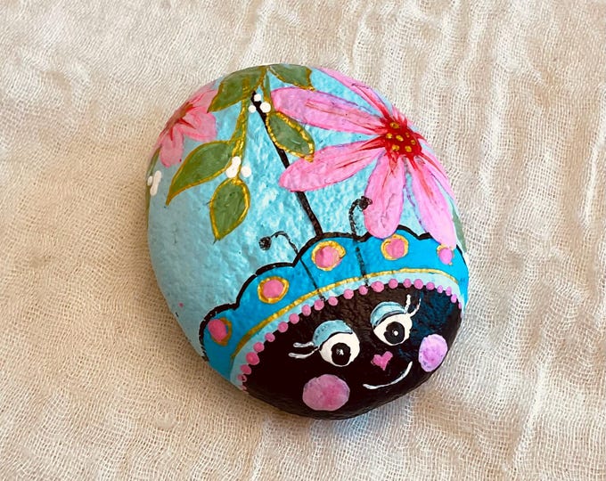 Painted Lady Bug Rock, Colorful Beetle Stone, Sealed Garden Art, Aqua ...