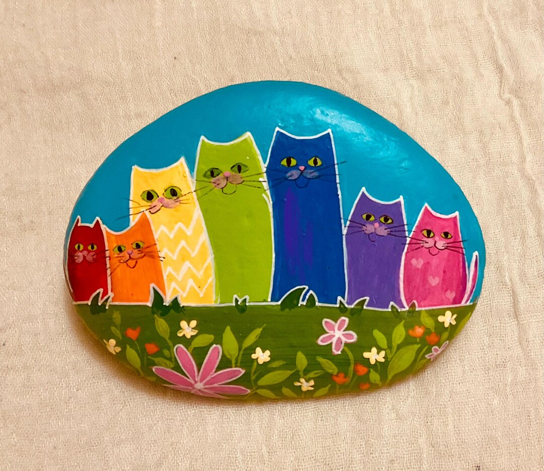 Painted Cat Line up Rock, Funny Colorful Kitty Stone Painting, Pet ...