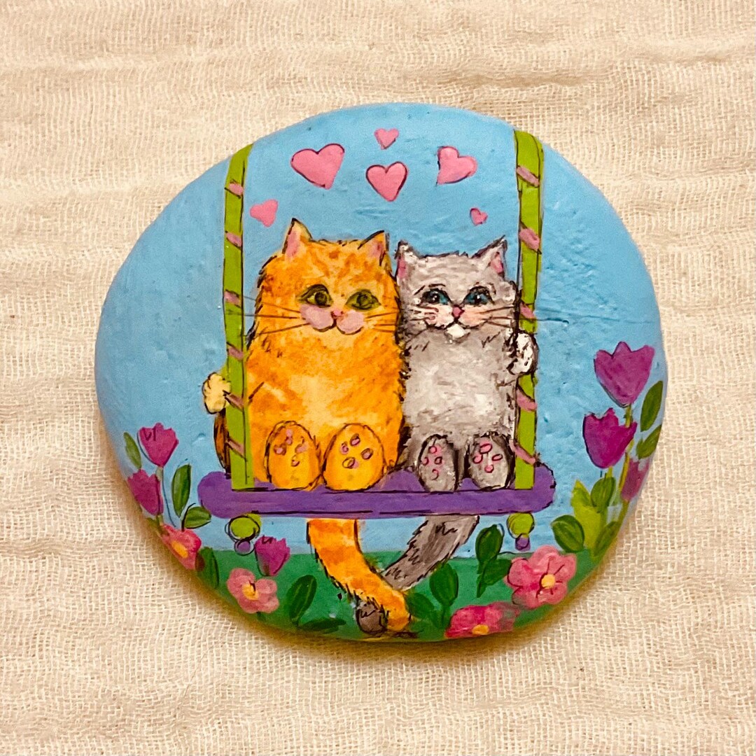 Hand Painted Cat Rock, Tabby Cats Stone, Sealed Garden Art, Pebble ...