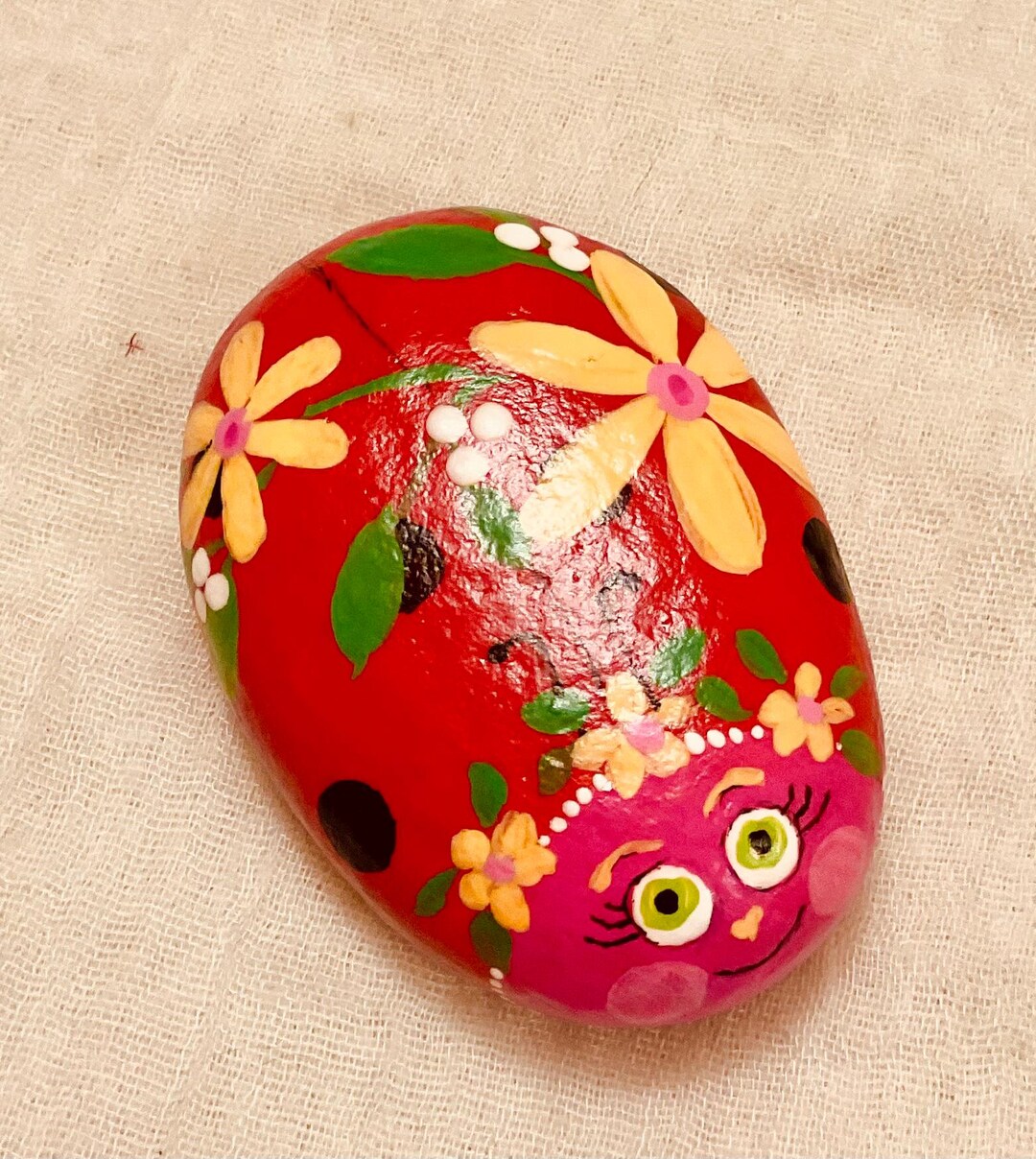 Ladybug Painted , Colorful Beetle Stone, Sealed Garden Art, Red Pink ...