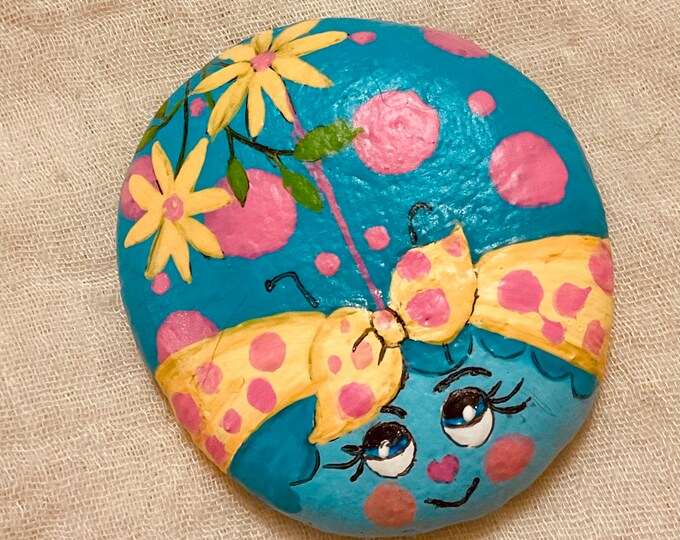Painted Ladybug Rock, Colorful Floral Beetle Stone, Sealed Garden Art ...