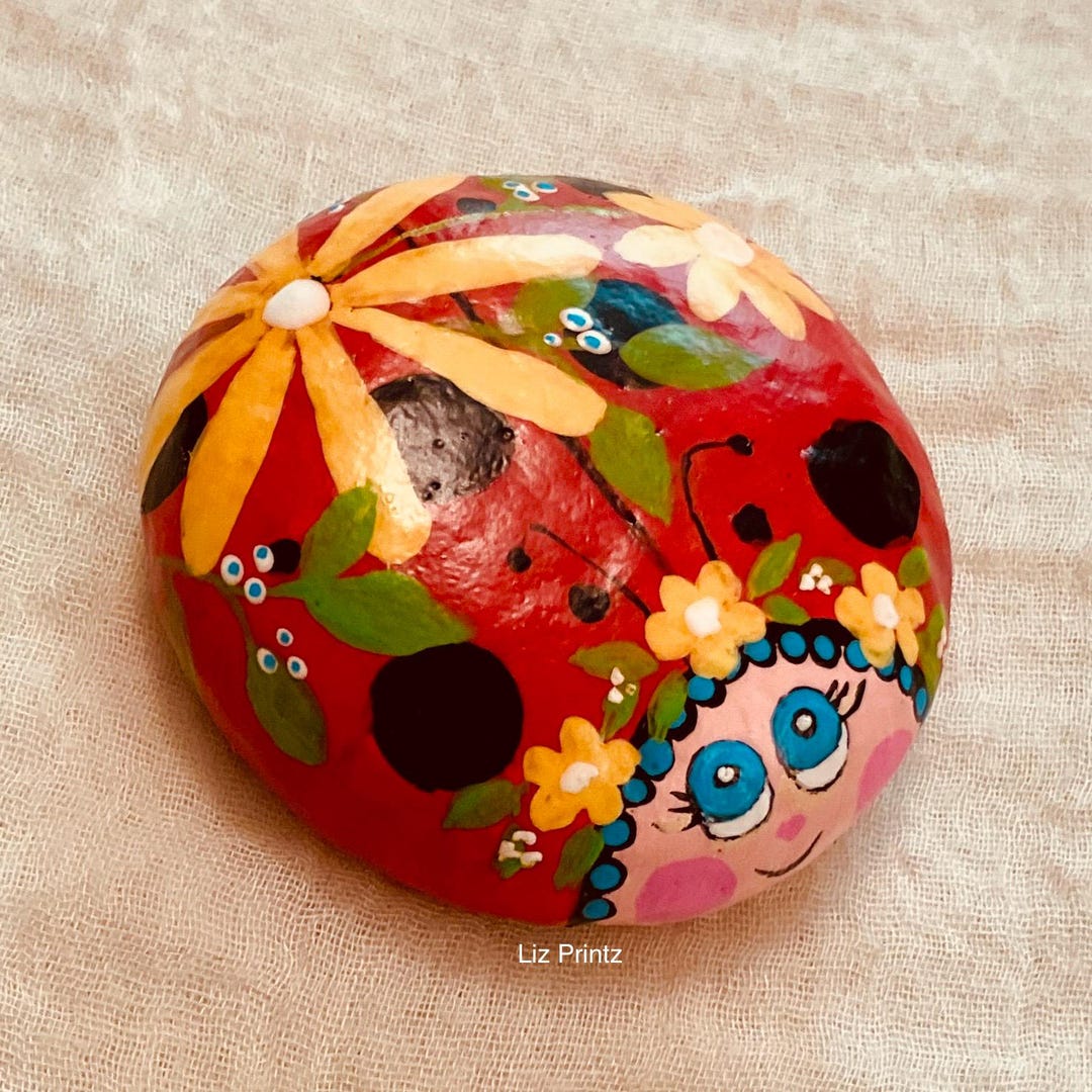 Painted Lady Bug Rock, Colorful Beetle Stone, Sealed Garden Art, Red ...