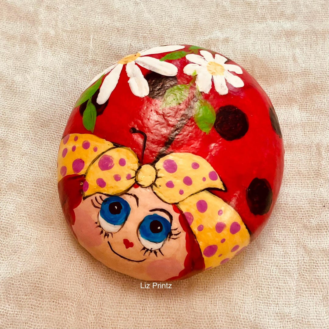 Ladybug Rock, Painted Red Lady Bug Stone Painting, Yellow Bandana, Pink ...