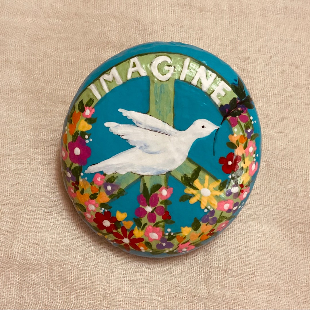 Painted Peace Sign Rock, Imagine Song Lyric Stone, Pebble Painting ...