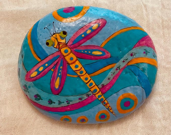 Dragonfly Painted Stone, Whimsical Bug Art, Floral Garden Decor, Insect ...
