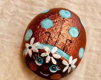 Painted Ladybug Rock, Bronze Color Metallic Bug, Beetle Stone, Insect ...