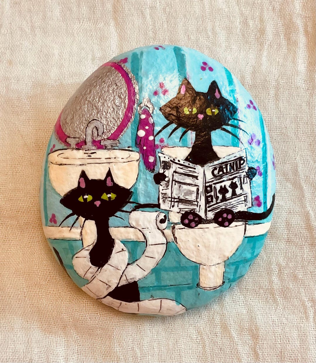 Black Cats Rock, Painted Stone, Atomic Black Cats, Paperweight Gift ...