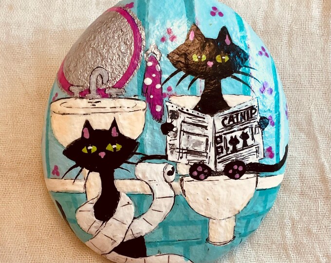 Black Cats Rock, Painted Stone, Atomic Black Cats, Paperweight Gift ...
