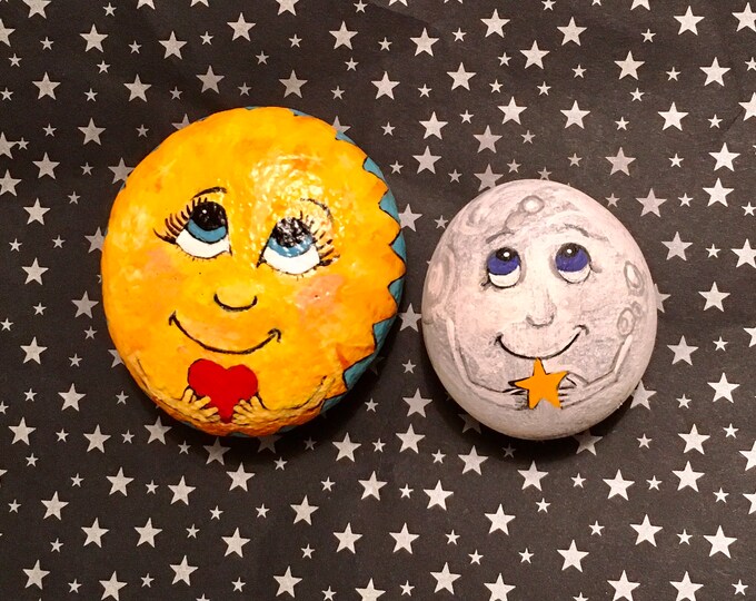 Sun and Moon Painted Rocks, Celestial Pebble Paintings, Pair of Sealed ...