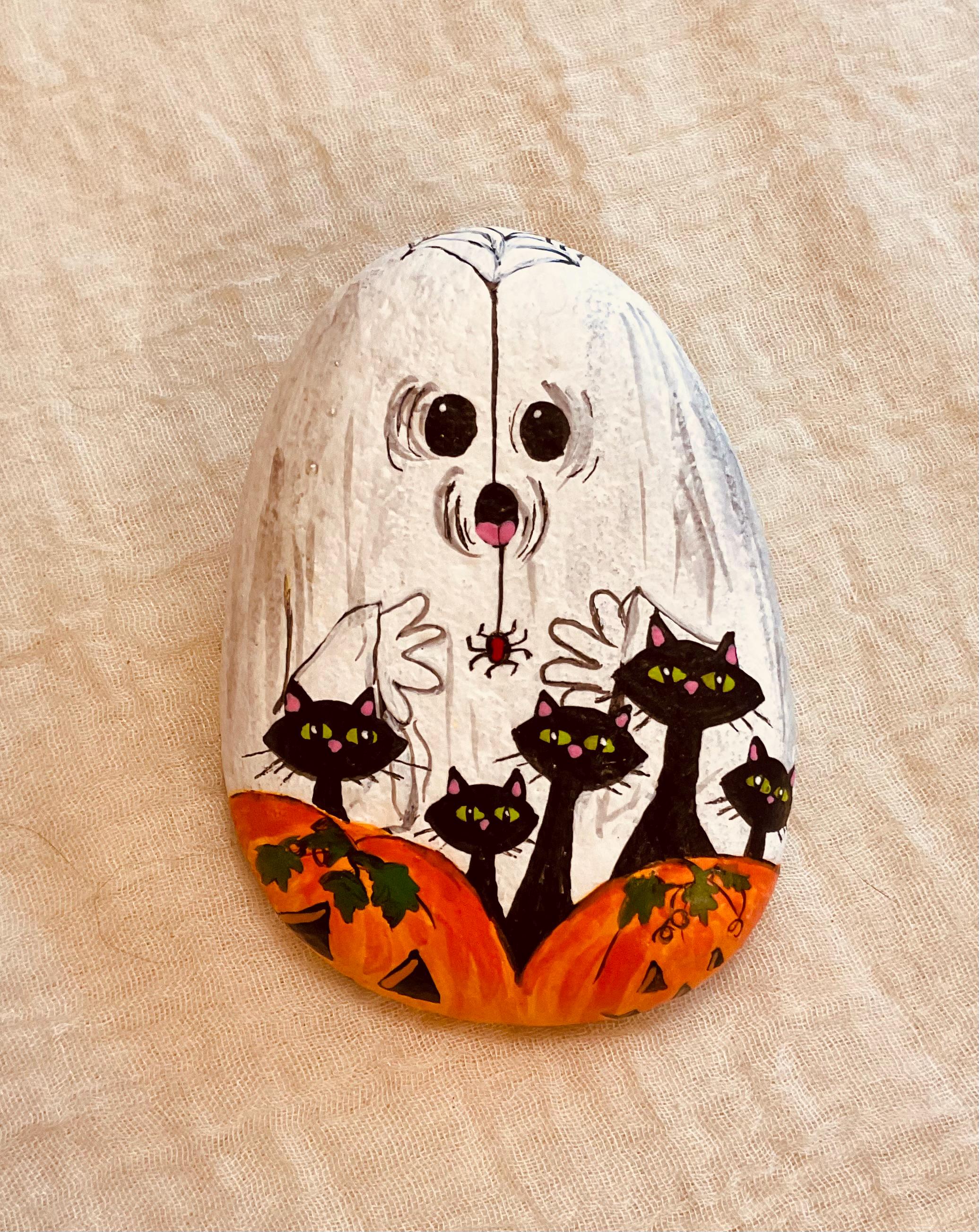 Painted Ghost Rock, Black Cats and Pumpkins, Halloween Rock Art, Ghost ...
