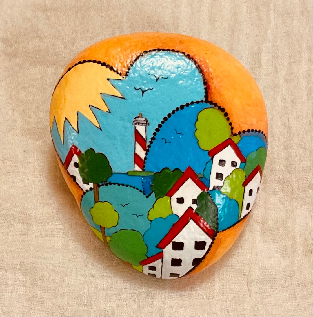 Heart Painted Rock, Country Farm Scene, Valentine Stone Painting, Gift ...