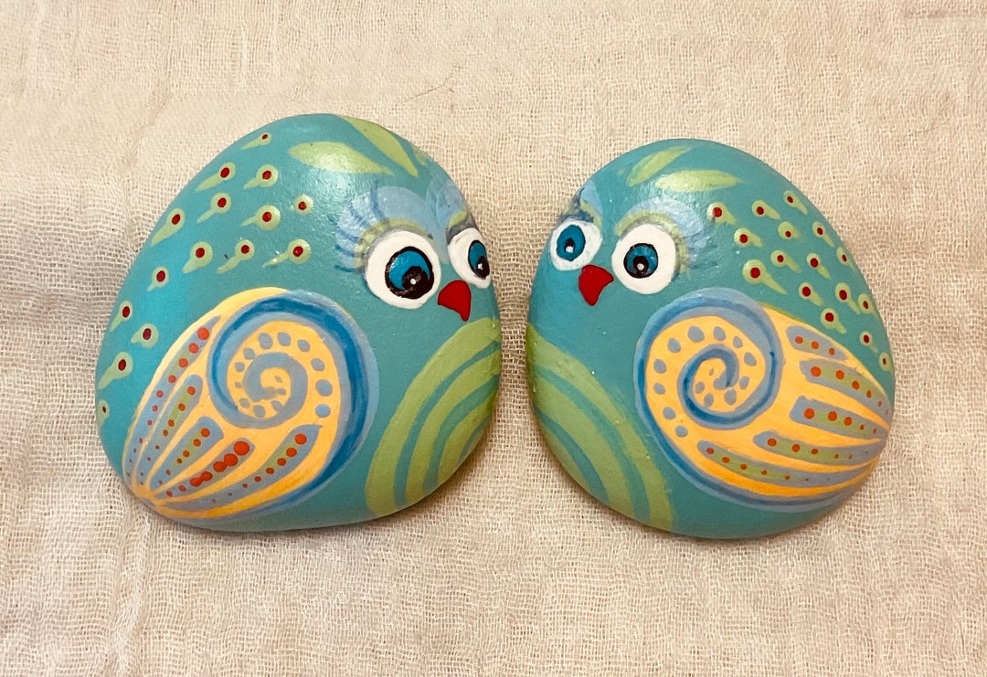 Painted Owl Rock Pair Aqua Blue Bird Stone Set Lovebirds - Etsy