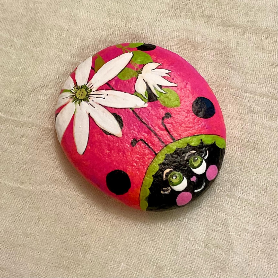 Painted Ladybug Rock, Pink Lady Bug, Colorful Beetle Stone, Sealed ...