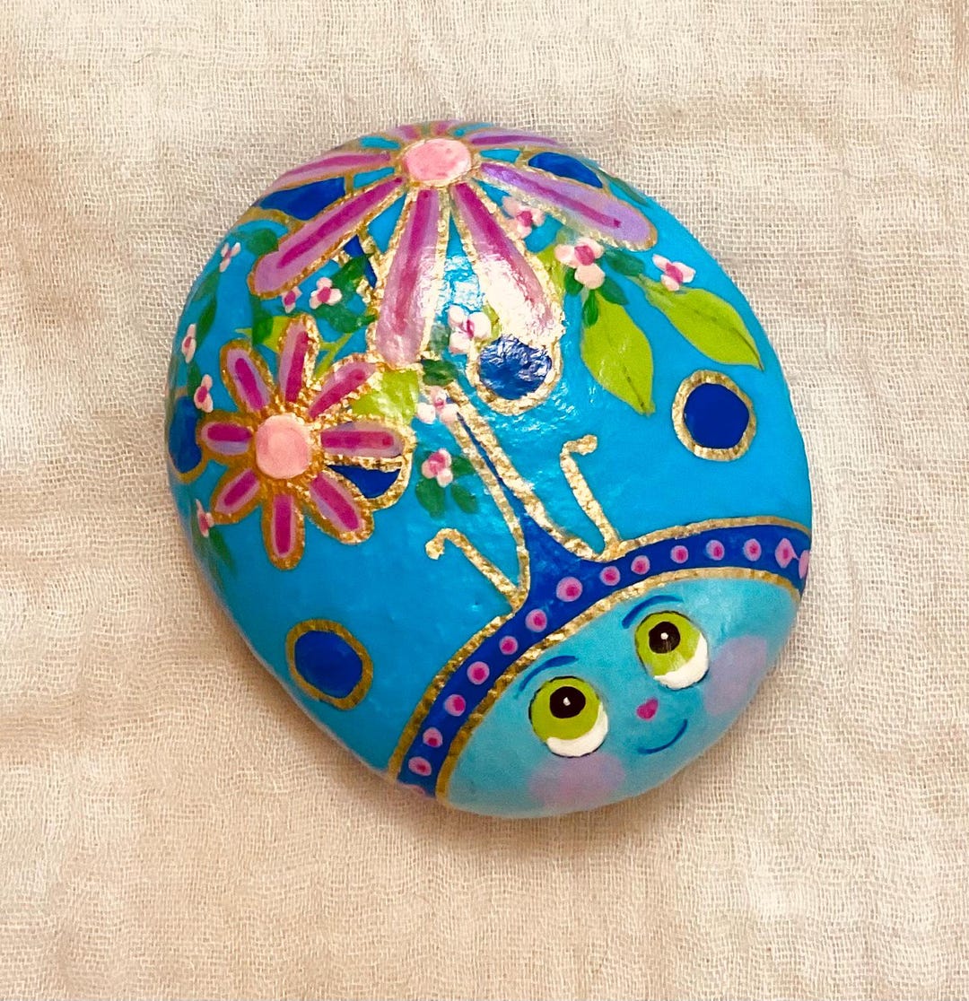 Blue Ladybug Rock, Painted Floral Beetle Stone, Sealed Garden Art, Lady ...