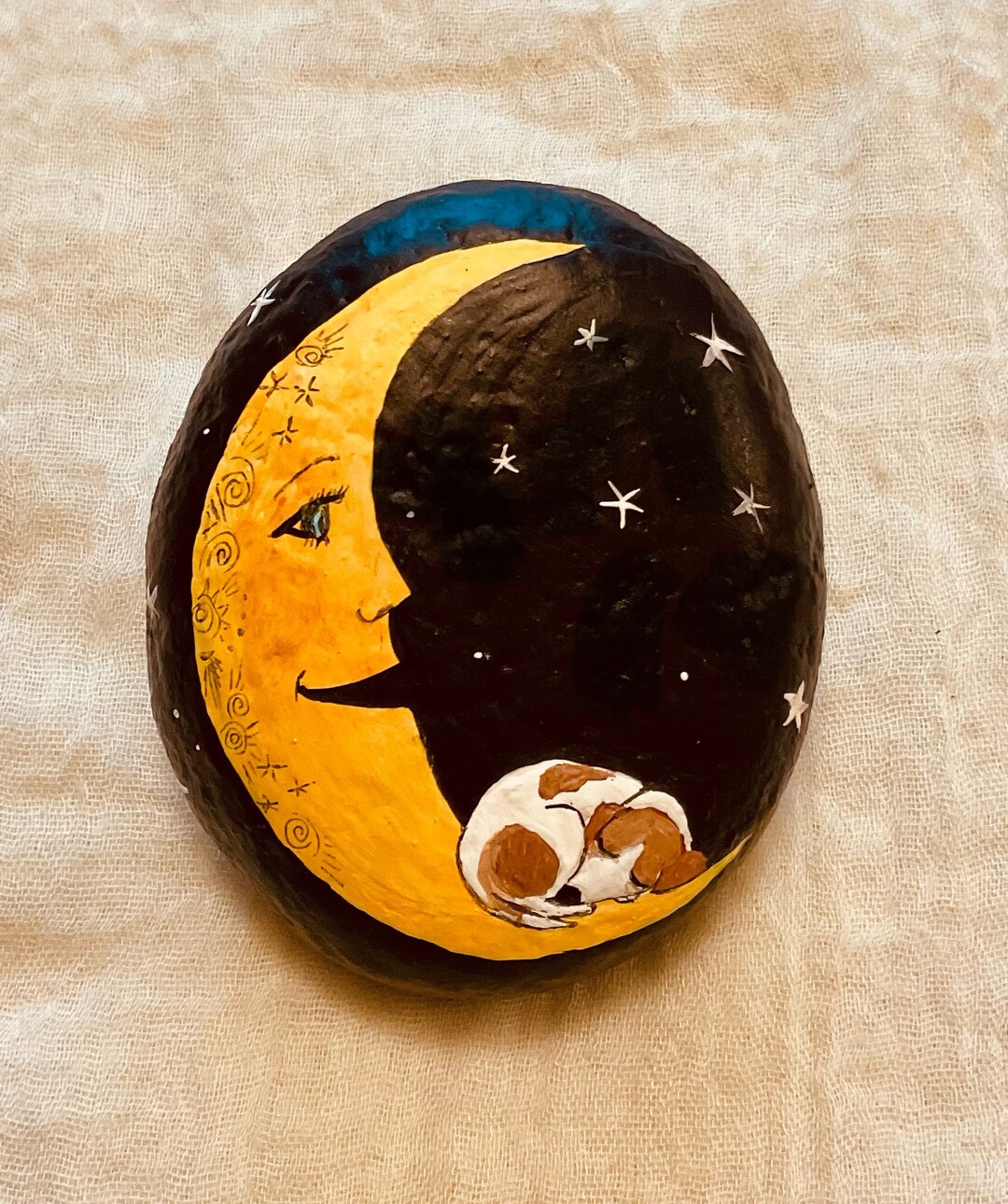 Dog on the Moon Painted Rock, Beagle Stone Painting, Sleepy Puppy ...