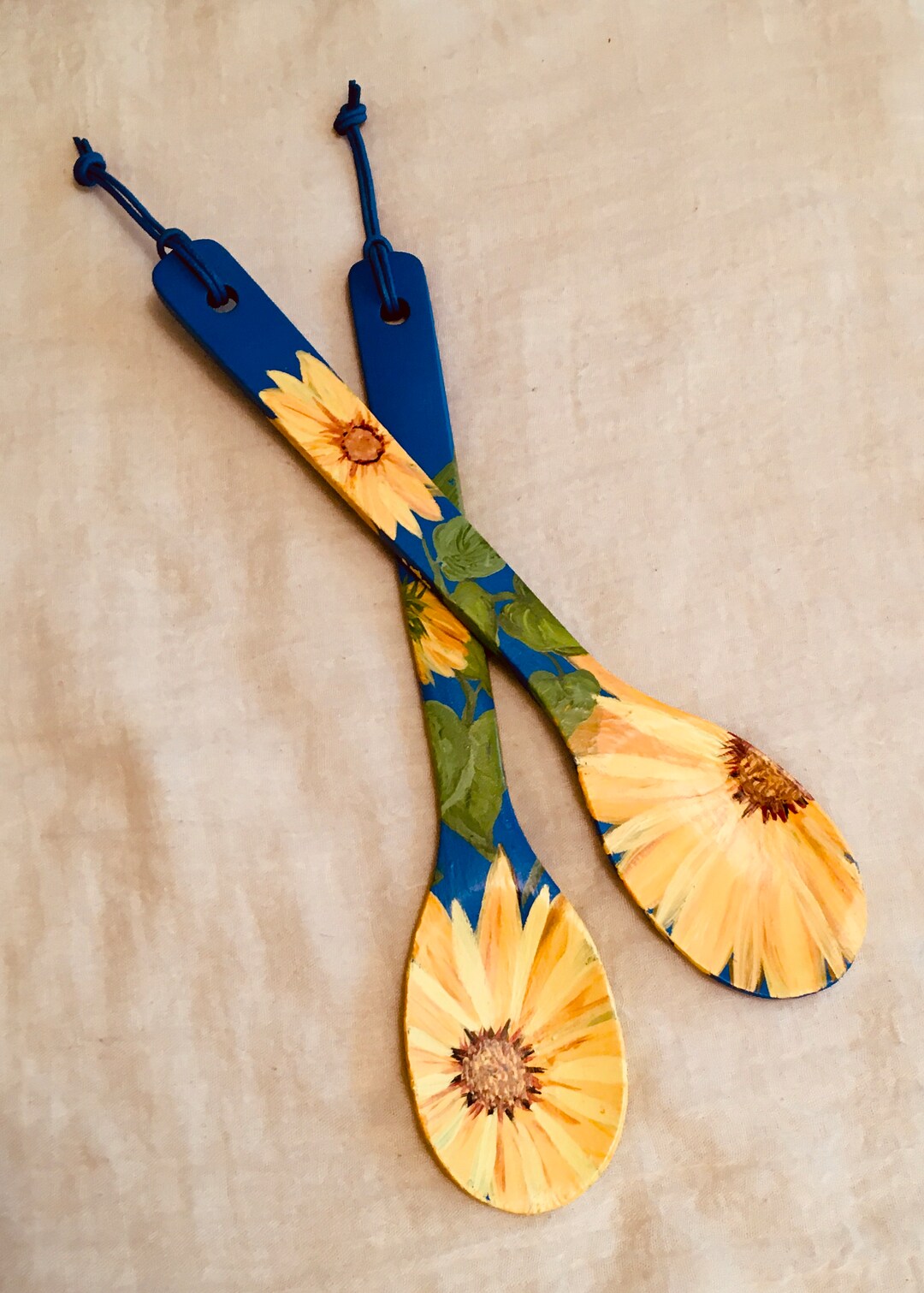 Hand Painted Spoon Set Sunflowers on Blue Decorative Wooden - Etsy