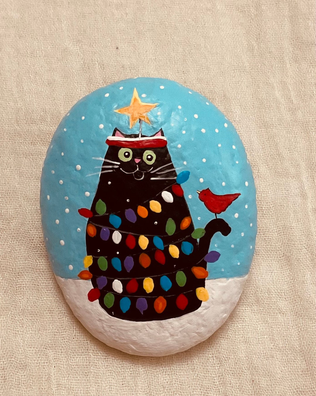 Painted Cat Rock Cat in Christmas Tree Lights Funny Gift for - Etsy