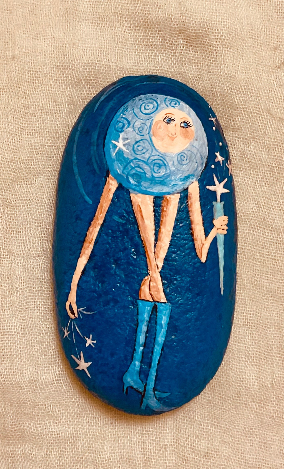 Painted Moon Girl Rock Celestial Painting, Hand Full of Stars, Sealed ...