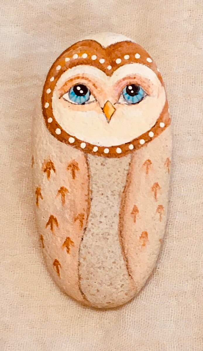 Acrylic Painted Rock Owl Bird Stone Rock Painting Primitive Stylized ...