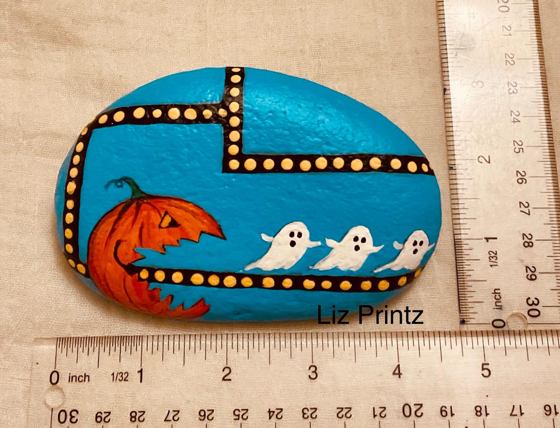 Painted Halloween Rock, Pumpkin Chasing Ghost Stone, Funny Pac Man ...