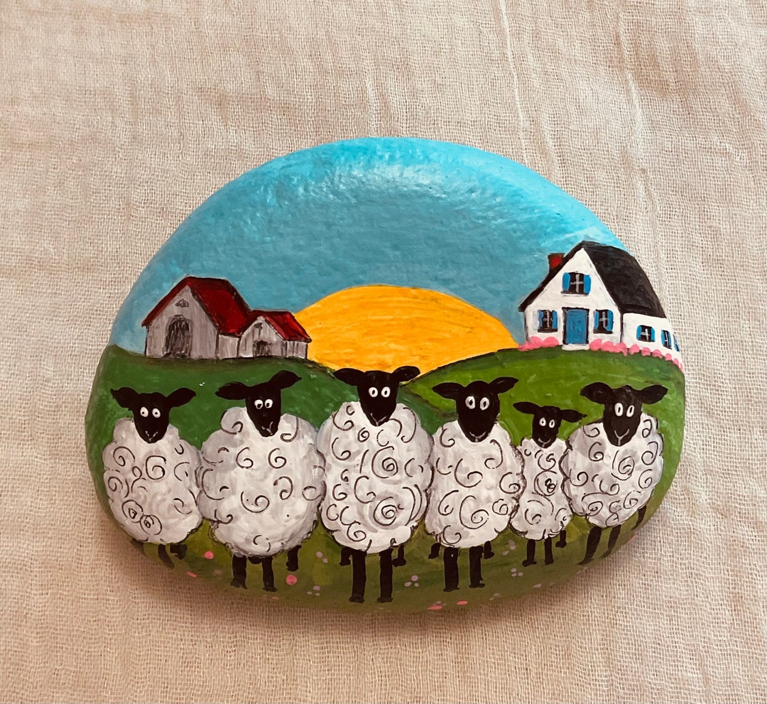 Sheep Farm Painted Rock Stone Folk Art Sealed Garden Art - Etsy