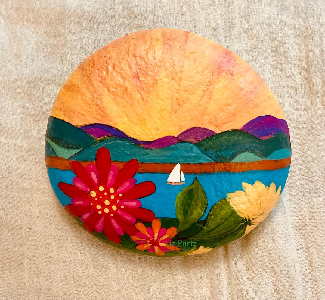 Sun Rock Painting Sealed Painted Garden Art Tropical Sunrise Stone ...