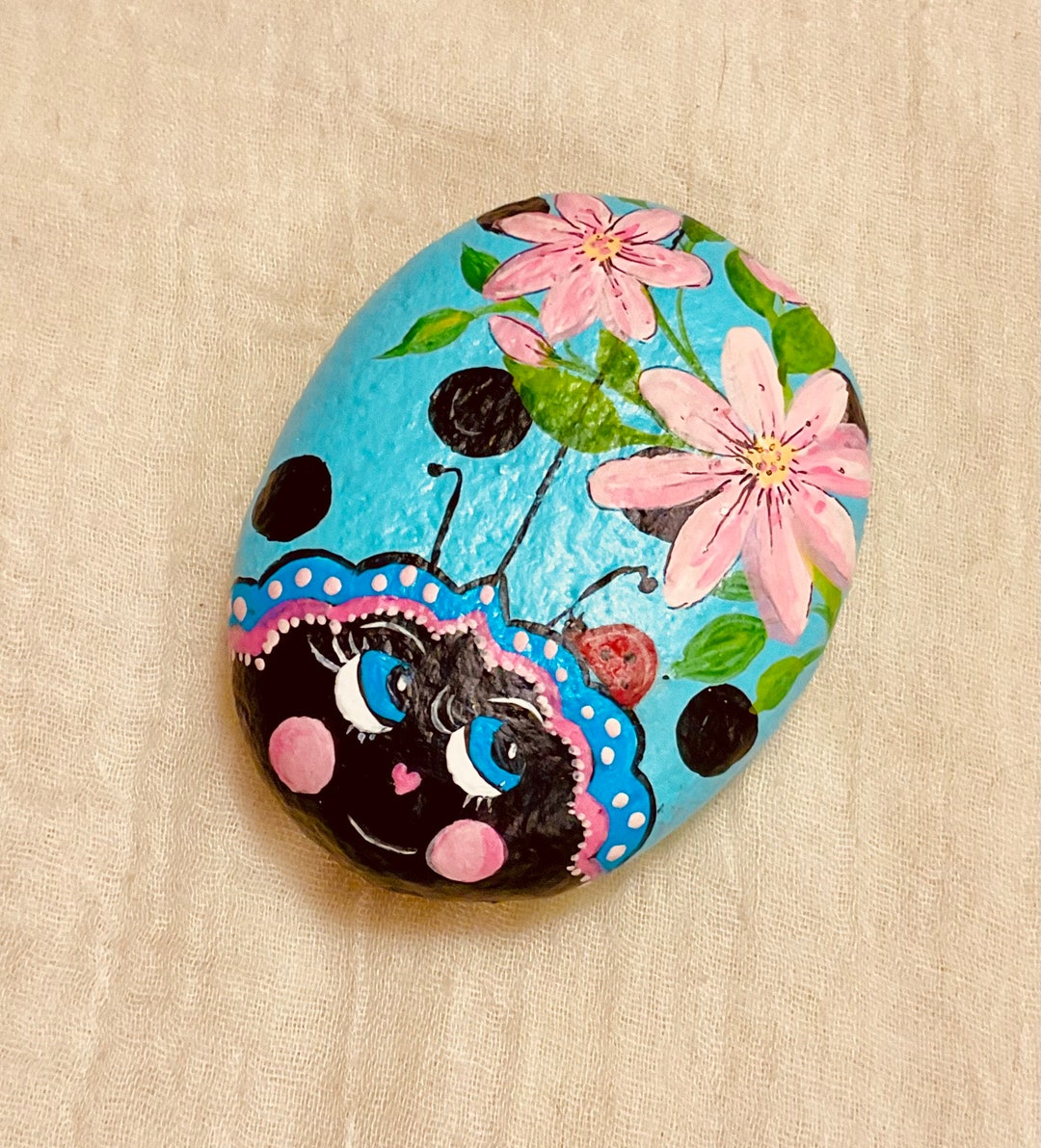 Painted Ladybug Rock, Aqua Pink Beetle Stone, Floral Flower Lady Bug ...