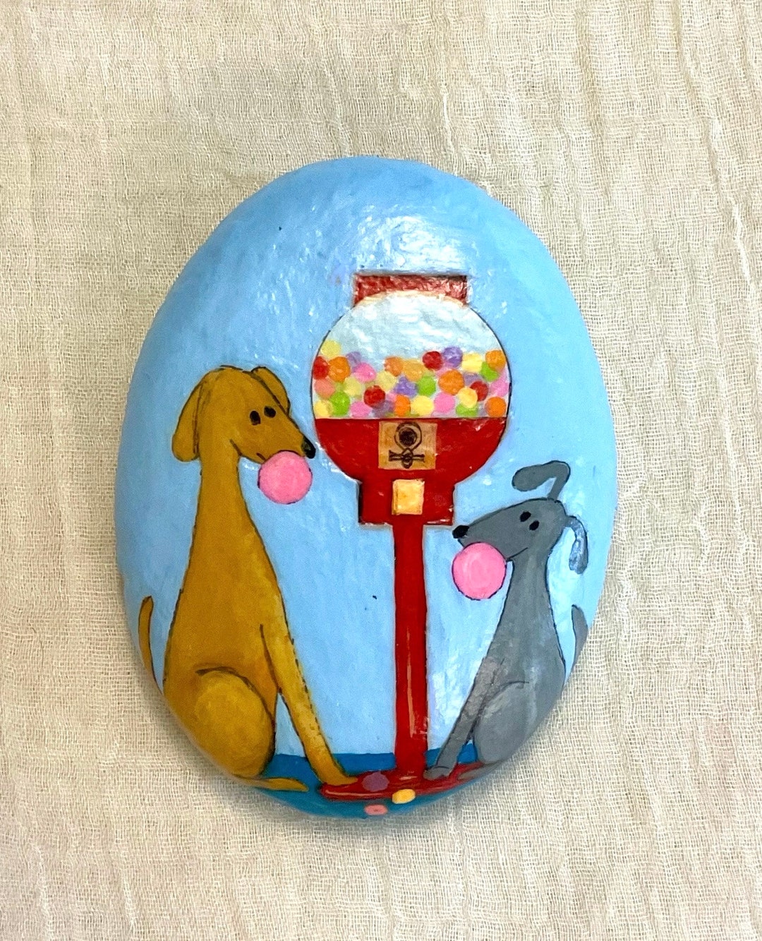 Hand Painted Dog Rock, Bubble Gum Machine Stone Painting, Mid Century ...