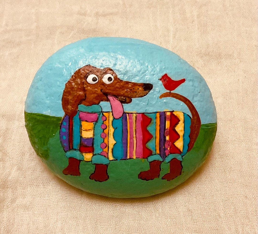 Painted Dog Rock, Dachshund With Bird, Weiner Dog Stone, Doxie Hot Dog ...