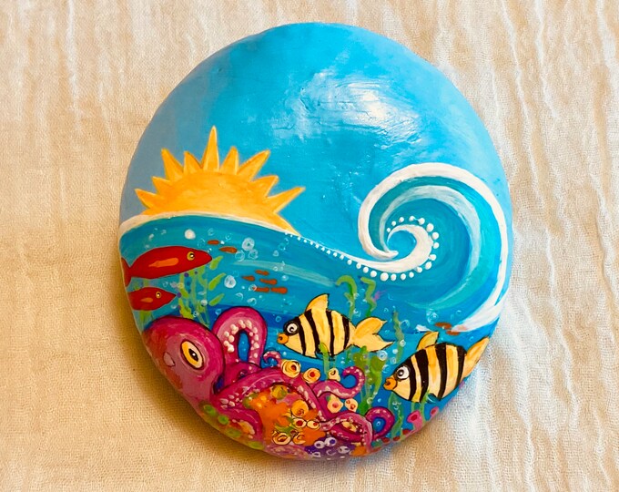 Painted Sea Life Rock, Octopus Stone, Tropical Fish Painting, Nautical ...