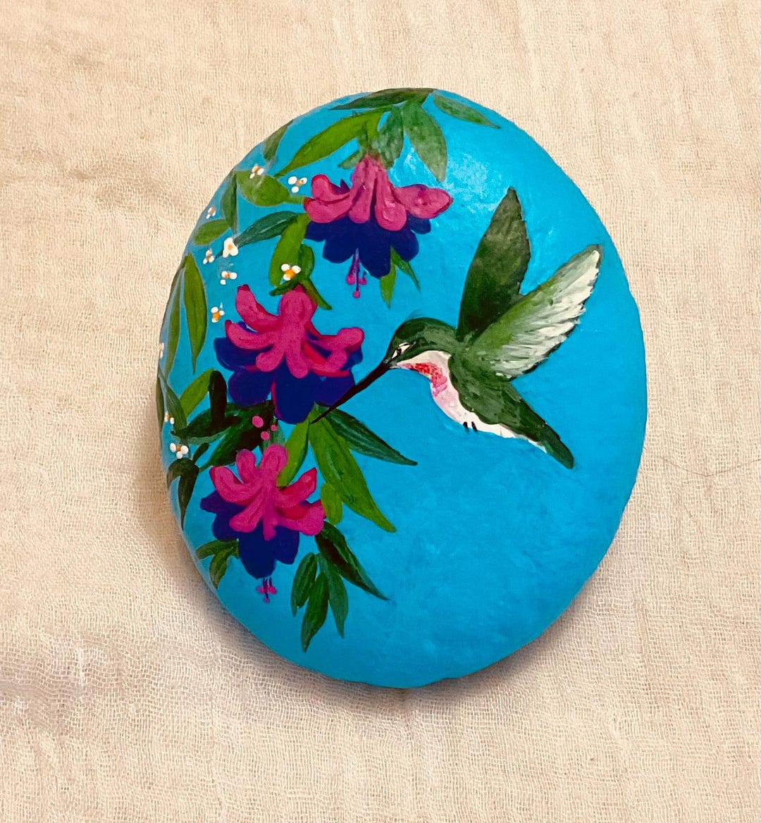 Hummingbird Floral Stone, Painted Bird Rock, Pink Fuchsia Flowers ...