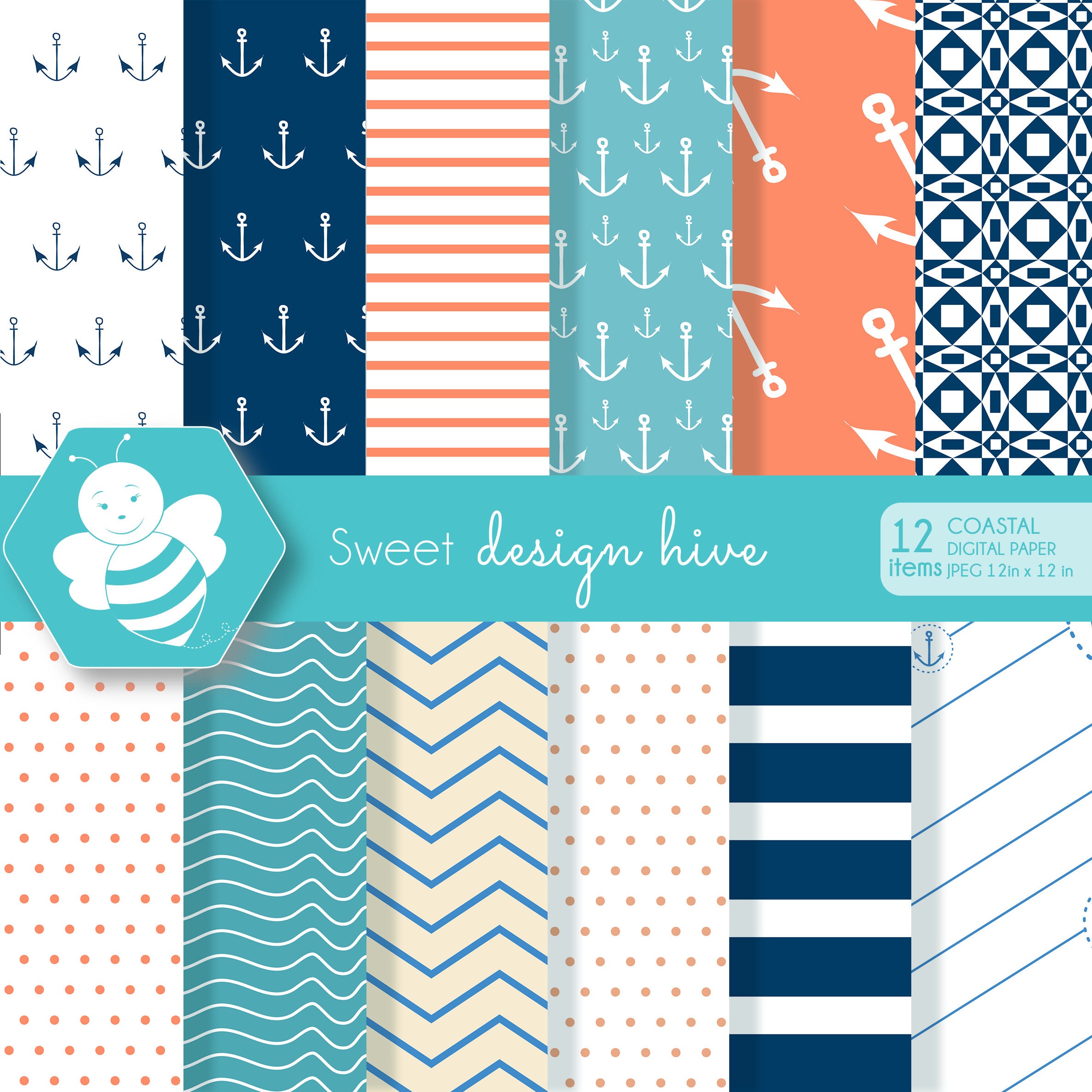 coastal digital paper scrapbook papers background anchors | Etsy