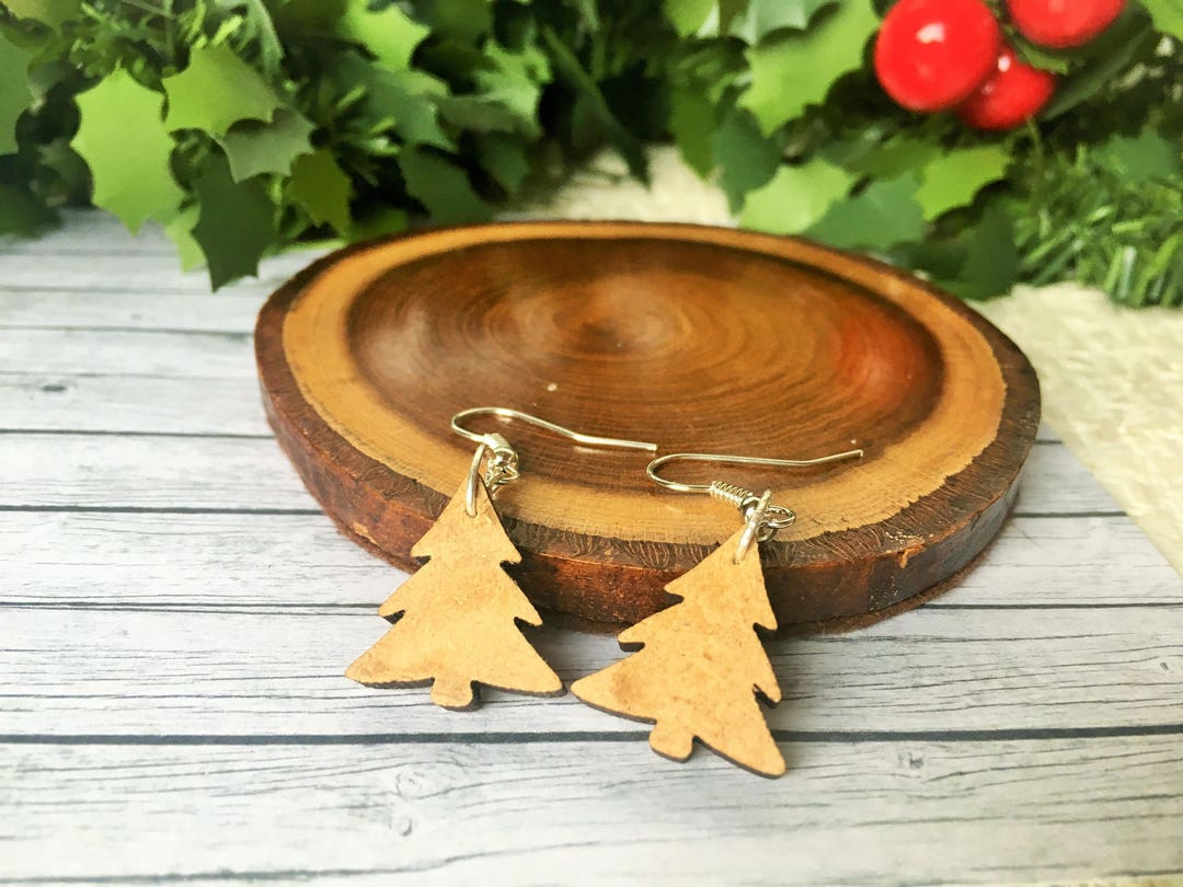 Natural Wood Earrings, Fir Tree, Christmas Tree, Festive Jewellery ...
