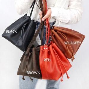 Brown Leather Drawstring Travel Bag, Compact Bucket Crossbody ...