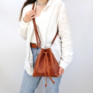 Brown Leather Drawstring Travel Bag, Compact Bucket Crossbody ...