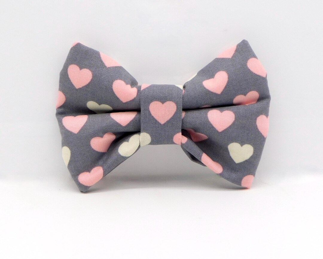 Valentine Dog or Cat Bow / Light Gray Bow With Pink and White Hearts ...