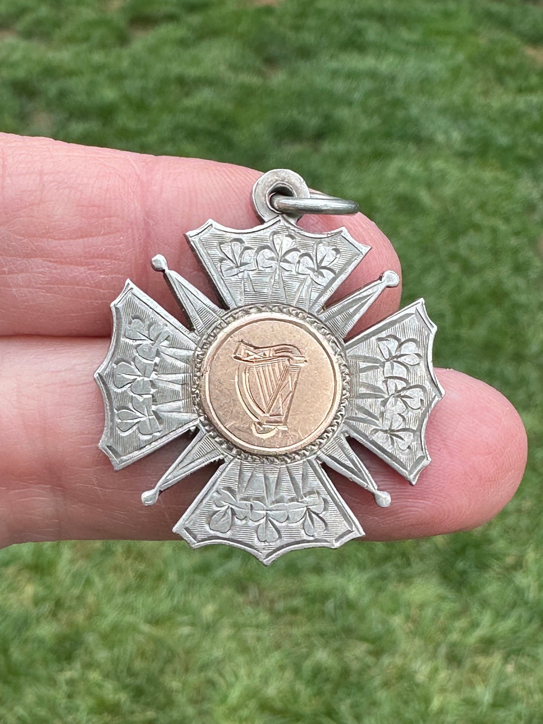 Vintage Irish Medal or Pendant, Irish Harp and Shamrocks, Sterling ...