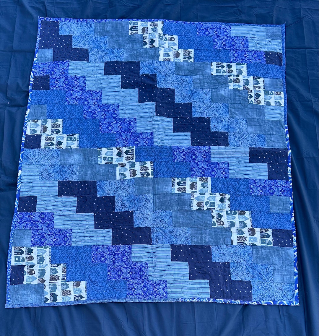 Handmade Quilt, 50" X 60", Blue Prints With Dk Blue Backing - Etsy