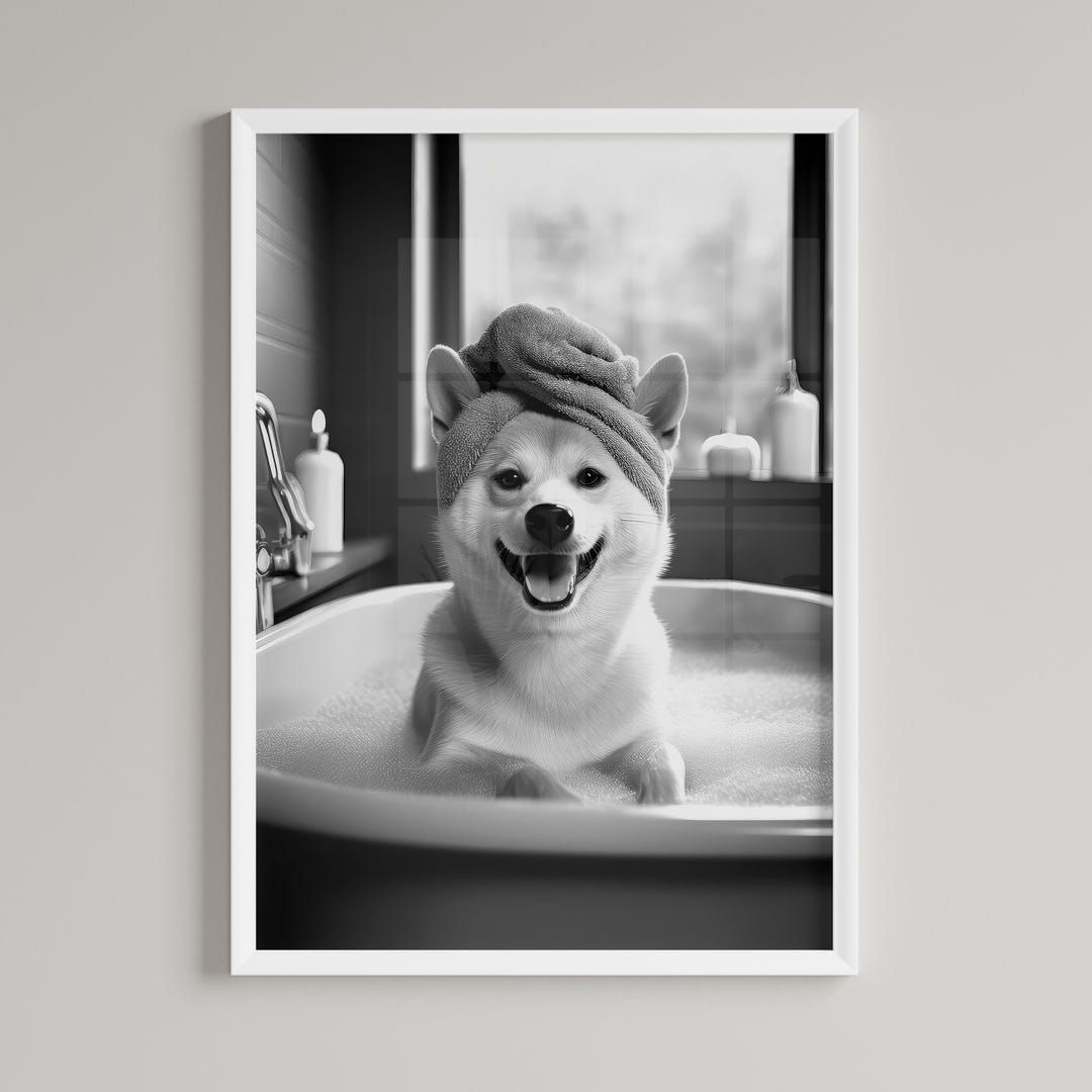 Shiba Inu in Bath Black and White Photography, Dog Wall Art, Funny ...