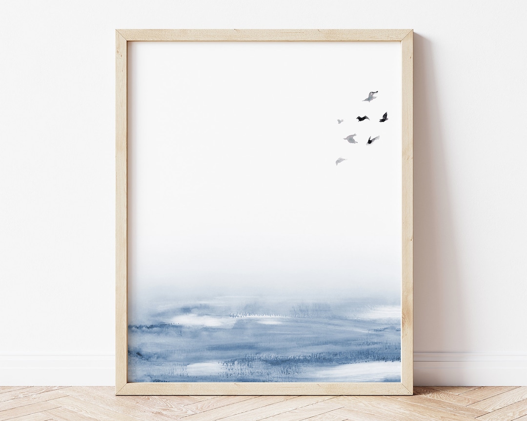 Printable Indigo Ocean With Birds, Calm Bedroom Decor, Watercolor ...
