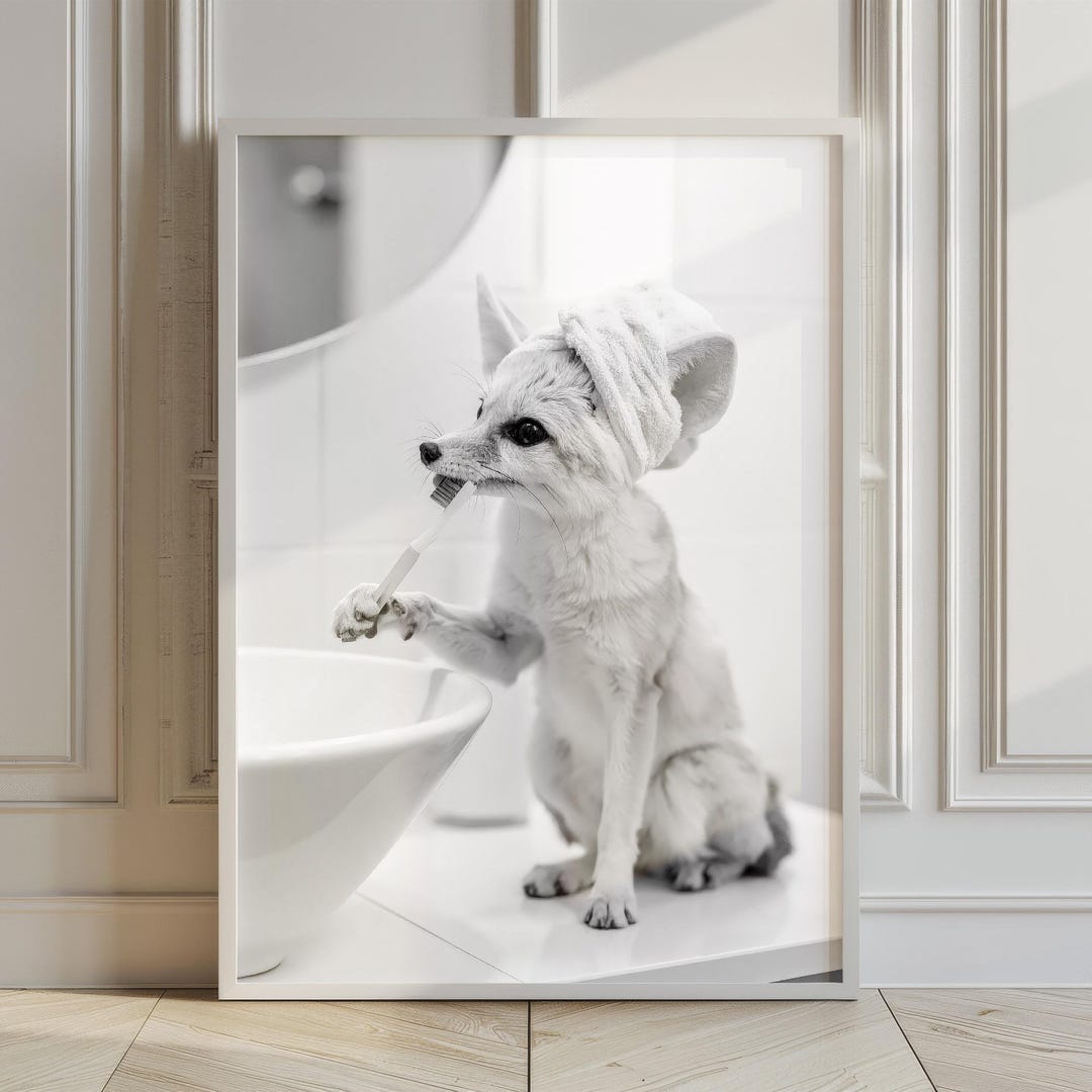 Fennec Fox Brushing Teeth, Funny Bathroom Wall Art, Dentist Office ...