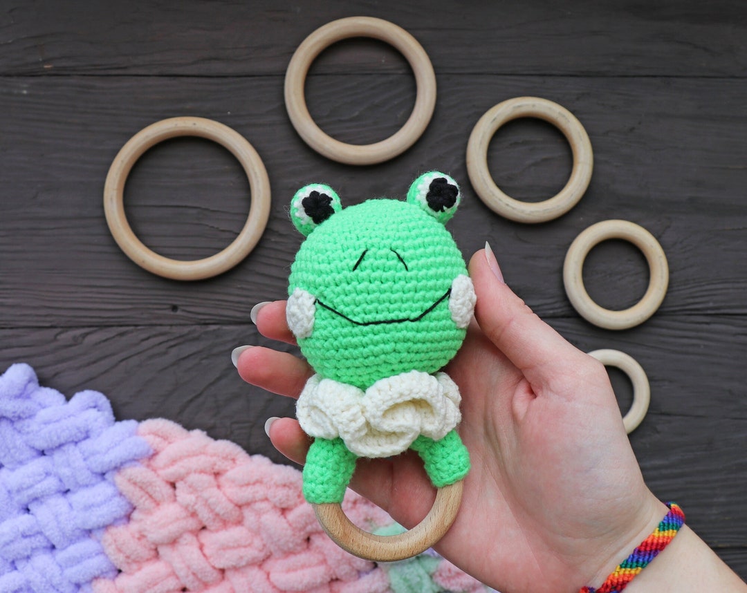 Crochet Rattle, Crochet Frog Rattle, Wooden Baby Rattle, Crochet Toy ...