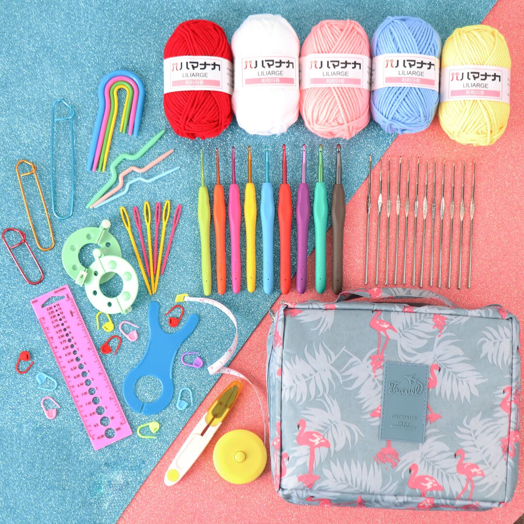 Beginner Crochet Kit 58 Items: Yarn, Hooks, Accessories, Flamingo Case ...