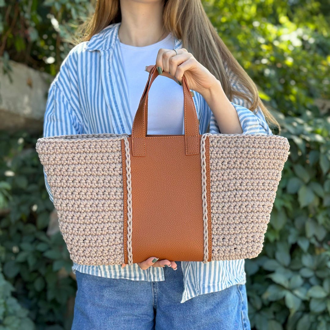 EASY Crochet BAG Pattern With Leather Inserts, Crochet Tote Bag Pattern ...