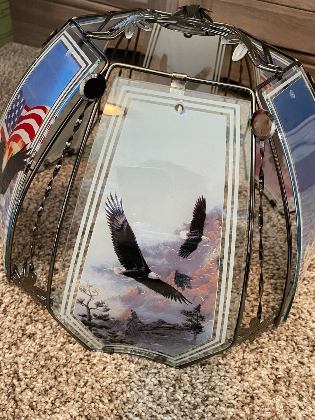 Vintage Touch Lamp Shade Wolf Eagle Glass Panels - Etsy