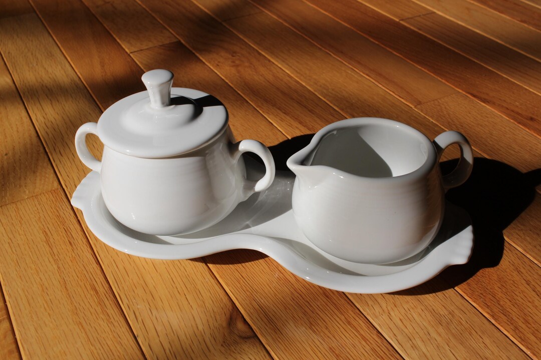 Fiesta Fiestaware WHITE Glaze Sugar Bowl and Creamer Figure Eight Tray ...